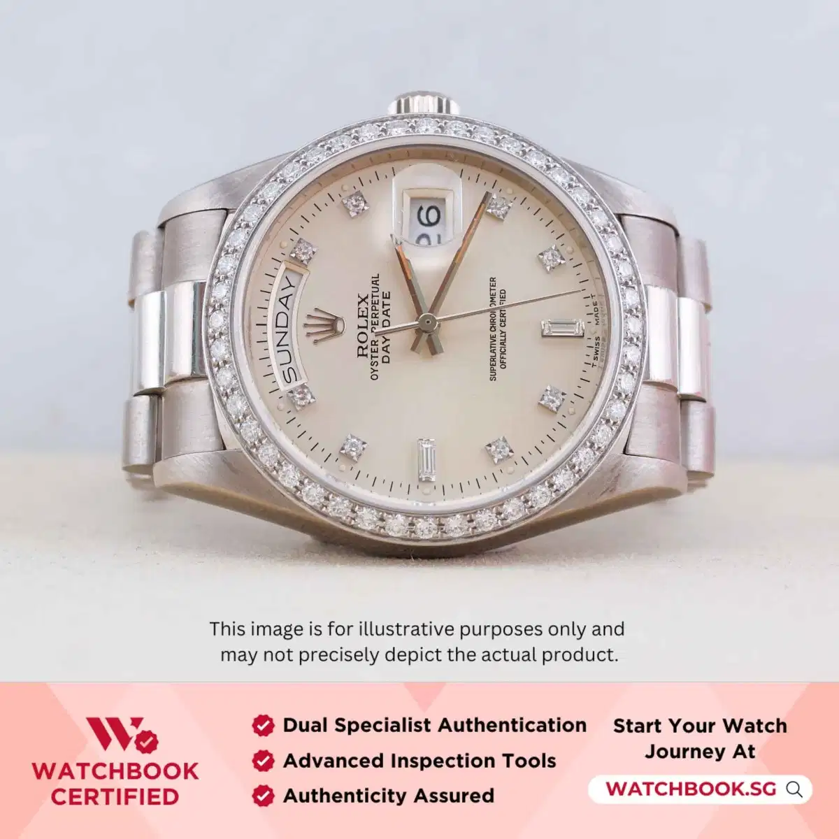 Rolex Daydate 18049 Silver w 8 Point and 2 Baguette Diamond President Singapore | Watchbook